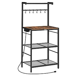 MAHANCRIS Bakers Rack with Charging Station, Microwave Stand with 6 S-Shaped Hooks, 4-Tier Storage Rack, Practical Coffee Bar, for Kitchen, Dining Room, Rustic Brown BRHR35E01