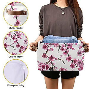 ALAZA Sakura Flowers Storage Basket Rectangle Collapsible Storage Bins With Handles Durable Canvas Toy Basket Organizer Bin For Shelf Closet Bedroom Home Office,Pack 2