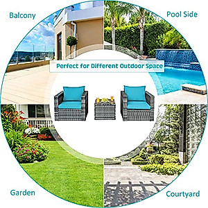 n/a 3 PC Patio Rattan Furniture Bistro Set Cushioned Sofa Chair Turquoise Single Sofa Coffee Table