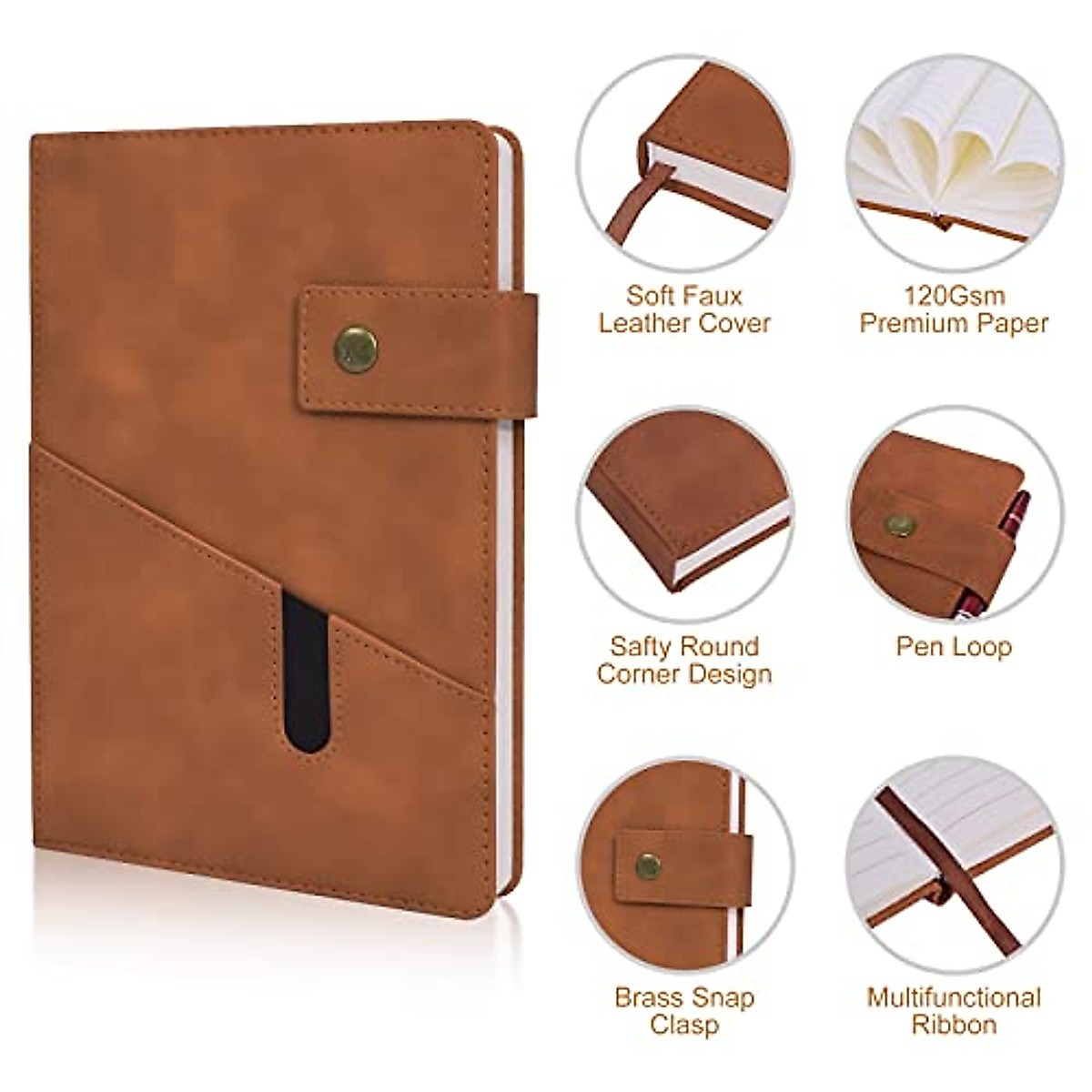 Brown A5 Lined Leather Journal Notebook for Men Women,5.9 X 8.4" Personalized Hardcover Journal with Pen,200 Pages 100 Gsm Thick Ruled Paper Daily Diary for School,Travel,Business,Work,Home Writing