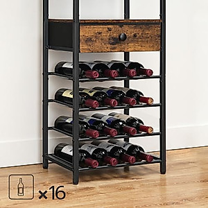 HOOBRO Wine Rack Freestanding Floor, 16-Bottle Wine Storage Rack with Non-Woven Fabric Drawer and Hooks, Wine Rack Table, Bar Cabinet for Kitchen, Dining Room, Bar, Rustic Brown and Black BF10JJ01