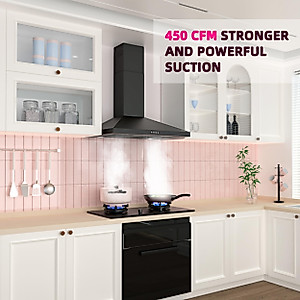 FIREGAS Black Range Hood 30 inch, Ducted/Ductless Range Hood Wall Mount Kitchen Vent Hood with 3 Speed Exhaust Fan, Push Button, LED Light, Stainless Steel Stove Hoods, Charcoal Filter Included