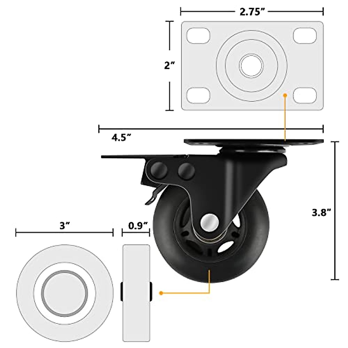 Apllamo 3" Casters Set of 4 ，4 Heavy Duty Quiet Casters, Max Load 2000LBS. Suitable to do Soft Wheels for cart ，Caster Wheels Glide Quietly and Protect The Floor, casters Set of 4 Heavy Duty.