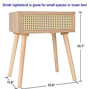 Rattan Nightstand with Drawer, Bedside Table, End Table with Storage, Modern Boho Nightstands, Mid-Century Coffee Table, Small Side Tables for Living Room Bedroom Office Balcony (Natural Walnut)