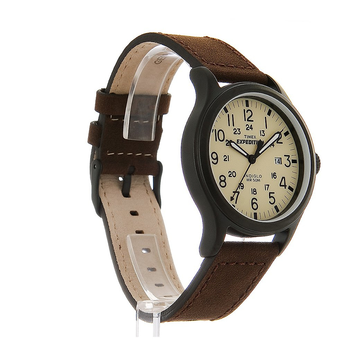 Timex Men's Expedition Scout 40mm Watch – Cream Dial Black Case & Brown Leather Strap