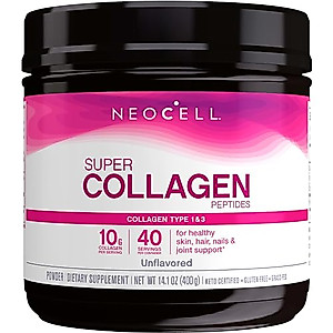 NeoCell Super Collagen Peptides, 10g Collagen Peptides per Serving, Gluten Free, Keto Friendly, Non-GMO, Grass Fed, Healthy Hair, Skin, Nails and Joints, Unflavored Powder, 14.1 oz., 1 Canister