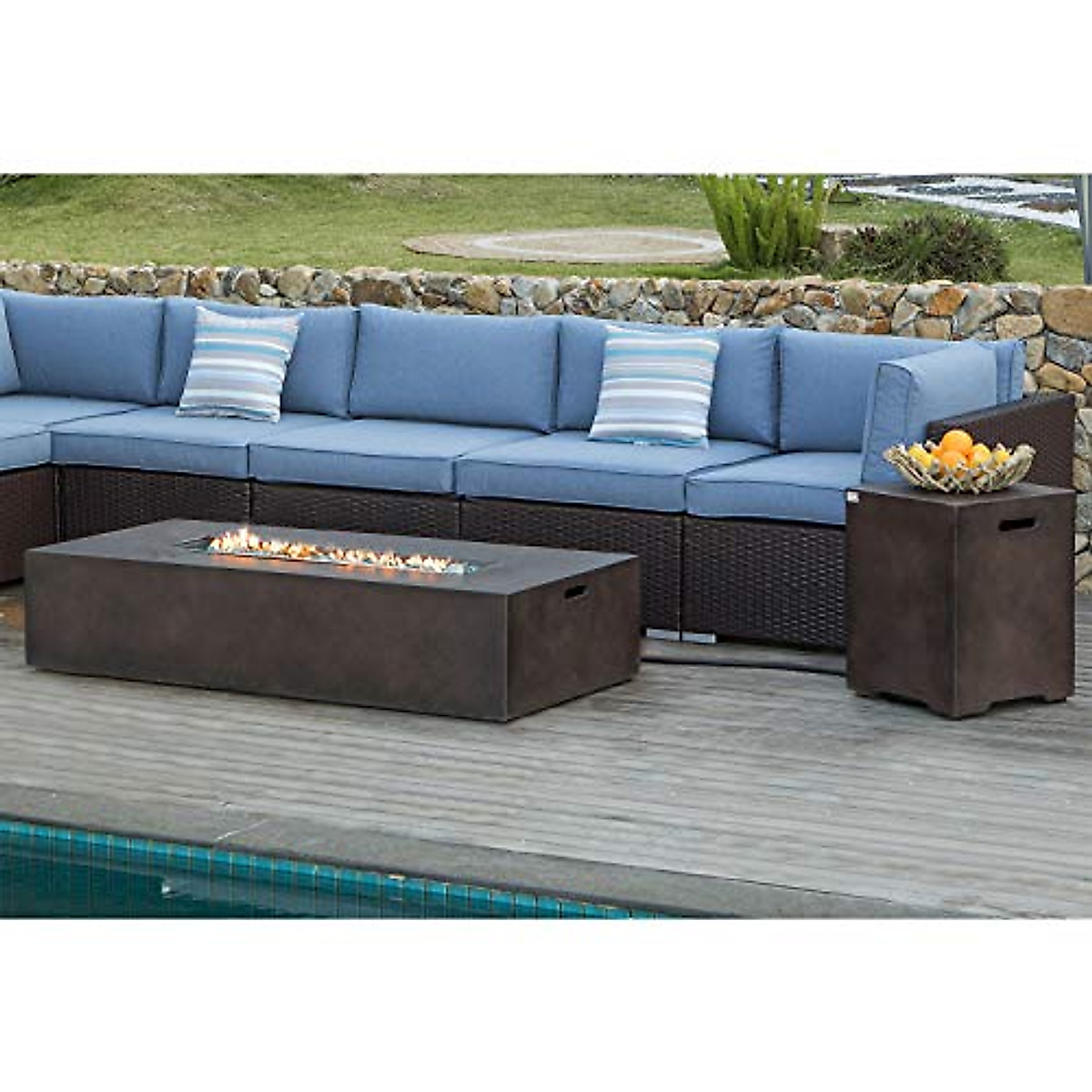 COSIEST 2-Piece Outdoor Propane Fire Table Set, Rectangle Concrete 56-inch x 28-inch Bronze Fire Pit (50,000 BTU) w 20lb Tank Table,Waterproof Cover for Garden, Porch, Backyard