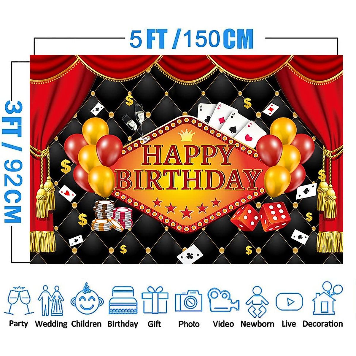 MEETSIOY Casino Birthday Backdrop Red Curtain Gold Tassel Photo Booth Card Chip Banner Decorated with Alaskan Party Photo Supplies 5x3ft RBJGJMT151