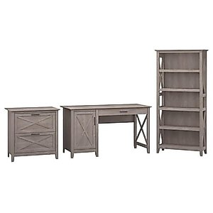 Bush Furniture Key West 54W Computer Desk with 2 Drawer Lateral File Cabinet and 5 Shelf Bookcase in Washed Gray
