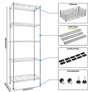 AMZOOM 5-Tier Steel Wire Shelving Unit, Adjustable Metal Shelves, Stainless Steel Storage Rack with Hooks and Leveling Feet, Suitable for Living Room Bathroom Garage Kitchen Pantry (Silver)