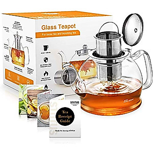 STNTUS Glass Teapot, 40 oz. / 1200 ml Teapot, Glass Tea Pot for Loose Tea, Glass Teapot with Infusers for Loose Tea, Tea Pot for Stove, Teapot with Stainless Steel Strainer, Teapot for 4-6 Cups