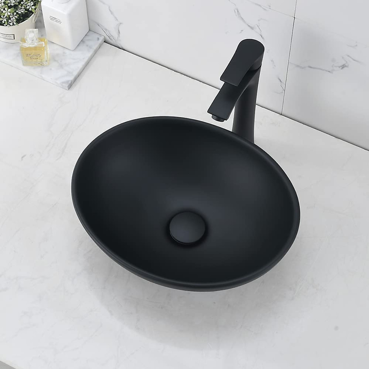Oval Black Vessel Sink with Faucet and Drain Combo -Bokaiya 16x13 Ceramic Bathroom Sink Above Counter Vessel Sink Oval Porcelain Ceramic Bathroom Lavatory Vanity Sink Art Basin Set