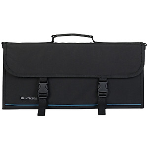 Messermeister 17-Pocket Knife Case with Large Outer Pocket, Black - 17 Elasticized, Reinforced Pockets for Culinary Tools - Holds Up to 18” Knives - Functional, Stylish & Durable