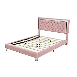 Queen Size Velvet Upholstered Platform Bed Mattress Foundation w/Crystal Tufted Headboard&LED Light for Adult,Low Profile Panel Bed Frame w/Metal Legs&Wooden Slat Support for Bedroom Guestroom (Pink)