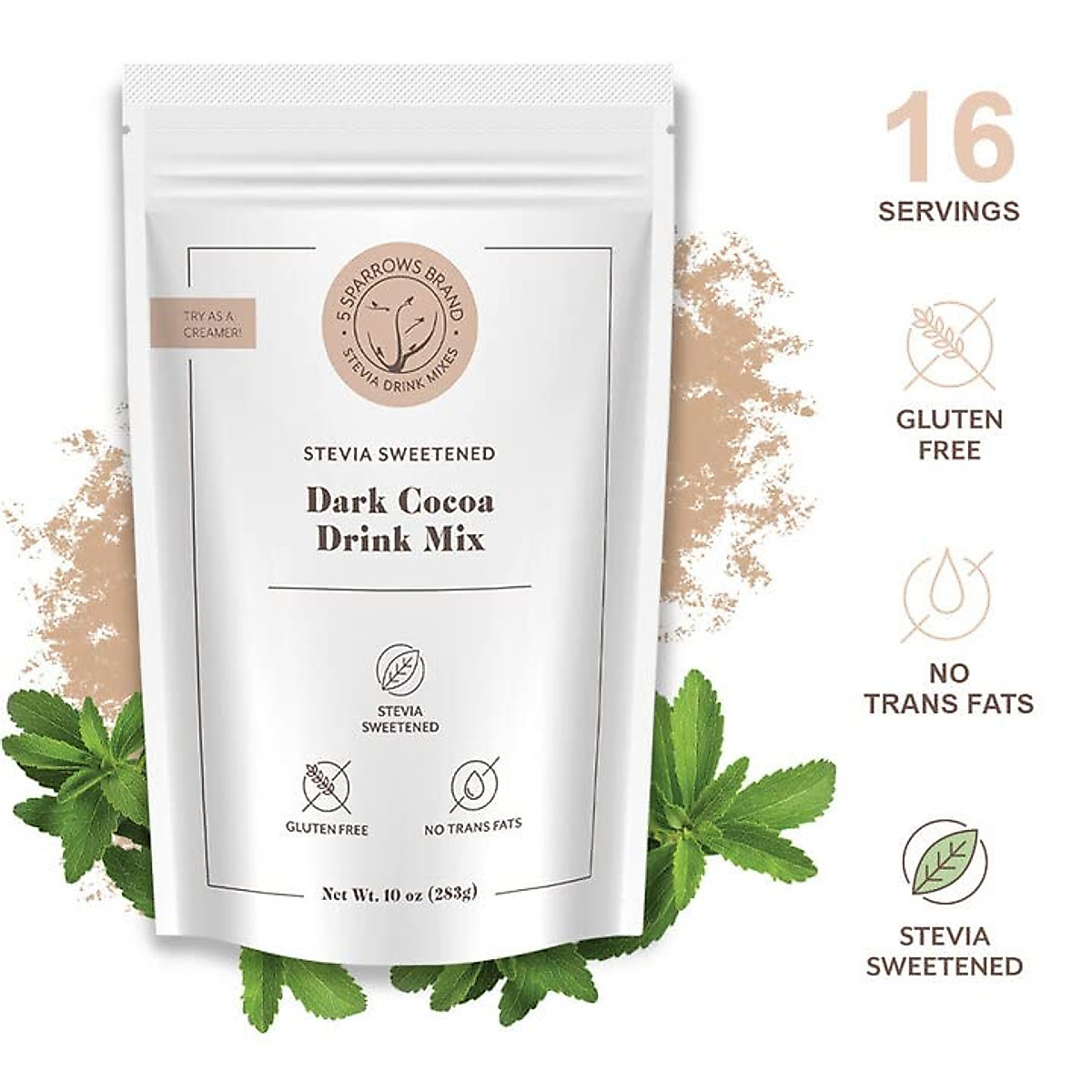 5 SPARROWS Sugar-Free Dark Chocolate Flavored Drink Mix- Stevia, Keto Friendly, - No Sugar Coffee Creamer, 10oz