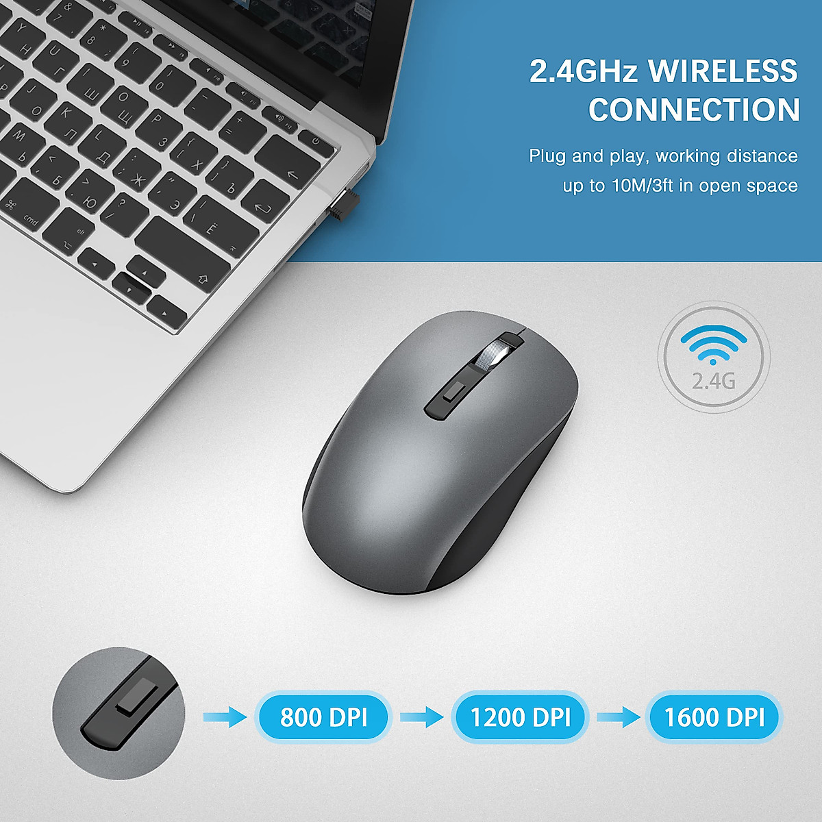 JOYACCESS Bluetooth Mouse, J 2.4G Wireless Bluetooth Mouse Dual Mode(Bluetooth 5.0/3.0+USB), Computer Mice for Laptop/Computer MacBook/Windows/MacOS/Android -Iron Gray