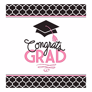 Creative Converting Border Print Plastic Tablecover, 54 x 102", Glamorous Grad, Black/White/Pink