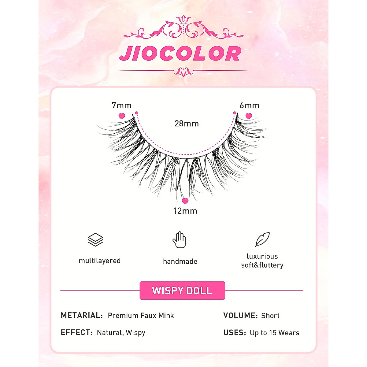Lashes Natural Look, Wispy Eyelashes, Jiocolor False Eyelashes Natural Look, Fluffy Fake Mink Lashes,12 mm Strip Lashes 10 Pairs D1
