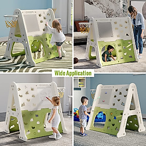 Babeelovly Climbing Toys for Toddlers, Triangle Climbing Indoor Outdoor Play Ground with Art Easel and Basketball Hoop, 5 in 1 Indoor Play Gym for Boys Girls Gift Present