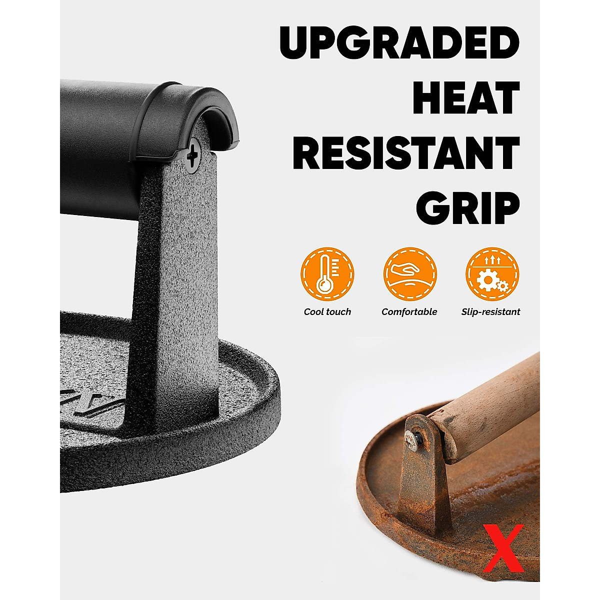 HULISEN Pre-Seasoned Cast Iron Burger Press, Heavy Duty 6” Burger Smasher for Griddle with Heat Resistant Handle, Grill Press for Hamburger, Bacon, Meat, Steak, Patty, Barbecue Grilling Tool, 2.3lb