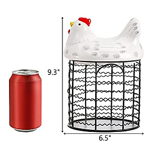 Hiceeden Metal Wire Chicken Egg Storage Basket, Decorative Fresh Egg Holder with Ceramic Chicken Design Lid, Portable Round Collectiong Basket for Kitchen Supplies, Pantry, 5.5"x6"