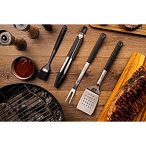 GRILLHOGS Heavy Duty BBQ Grilling Tool Set, Premium Soft Grip Tongs, Spatula with Bottle Opener and Serrated Edge, Barbecue Meat Fork, Stainless Steel Basting Brush, Premium BBQ Utensils Set (4 Piece)