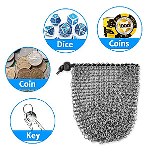 YOUSHARES Chainmail D&D Dice Bag - Large Capacity Stainless Steel Drawstring Dice Bag for Dungeons and Dragons Dice Set (Hold 100 DND Dice)