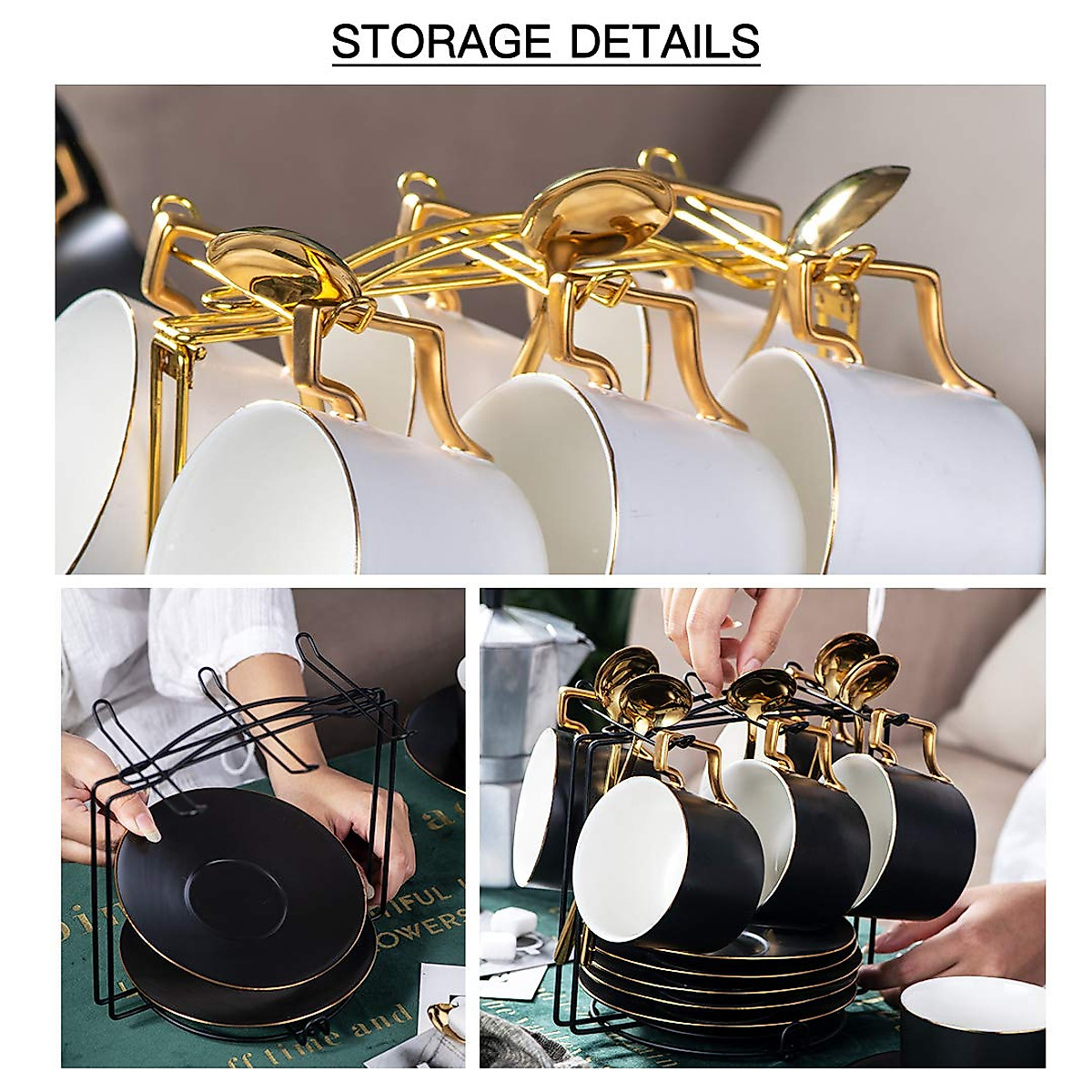 CHILDIKE Ceramic Demitasse Espresso Cups Set with Saucers and Metal Stand, 7 oz Porcelain Stackable Cappuccino Cups for Tea, Latte, Coffee, Cafe Mocha, Set of 6, Matte White