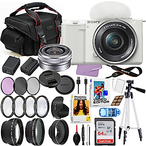 Sony ZV-E10 Mirrorless Camera with 16-50mm Lens (White) Bundle + Commander Optics Accessories Pro Package Including Filters, Auxiliary Lenses + 64GB Memory, Movavi Software Package & More