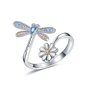 EJALEN 925-Sterling-Silver Dragonfly Daisy Rings for Women - Adjustable Wrap Flower Ring Cubic Zirconia Cute Animal Insect Jewelry Gifts for Women (Dragonfly)