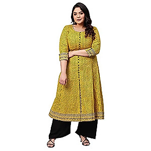 Yash Gallery Women's Cotton Slub Checks Print Anarkali Kurta (White)