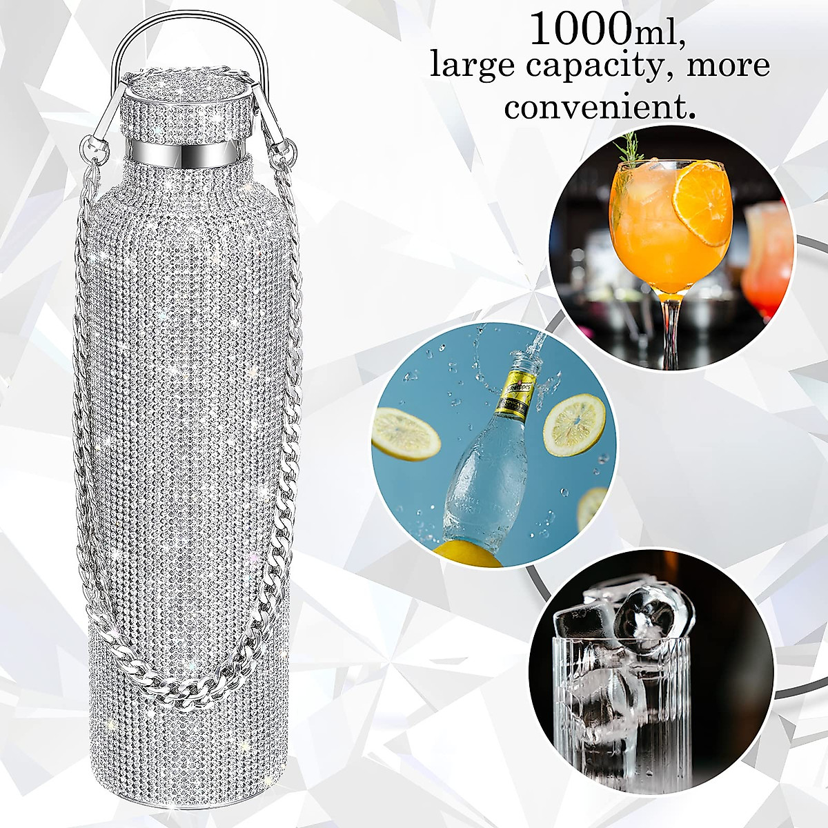 Diamond Water Bottle Bling Rhinestone Stainless Steel Thermal Bottle Refillable Water Bottle Insulated Water Bottle Glitter Water Bottle with Chain for Women Girls Gifts (Light Silver, 1000 ml)