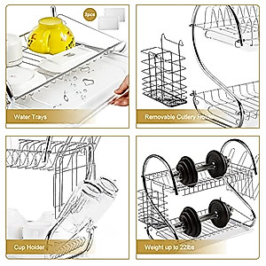 Zvonema Dish Drying Rack, Stainless Steel Dish Racks for Kitchen Counter, 2 Tier Small Dish Drainers with Drainboard & Removable Utensil Holder, Space Saving Dish Rack, Silver
