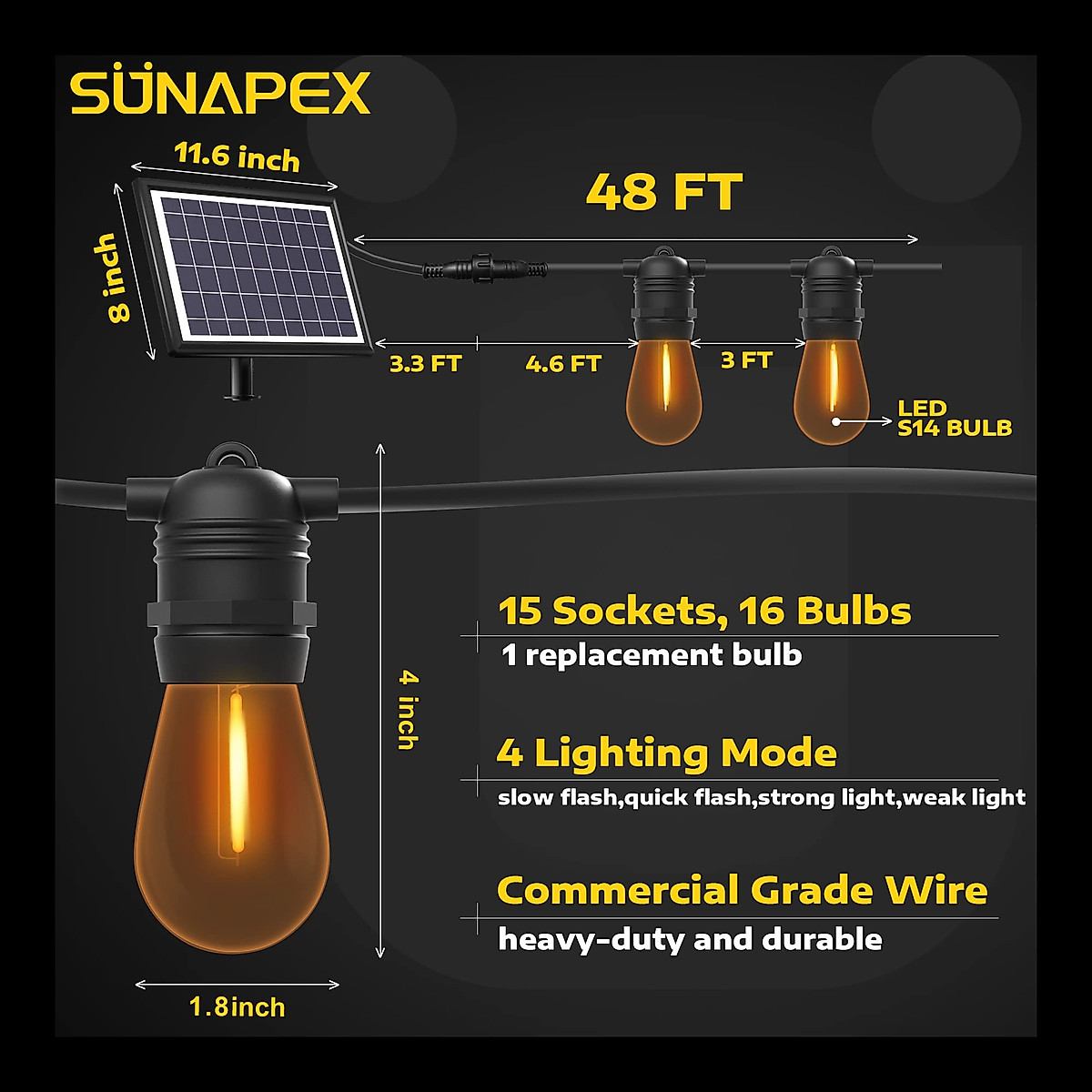SUNAPEX Solar String Lights Outdoor Waterproof,48FT Solar Patio Lights with Shatterproof Edison Bulbs,Outdoor String Lights Solar Powered for Patio,Camping,Backyard