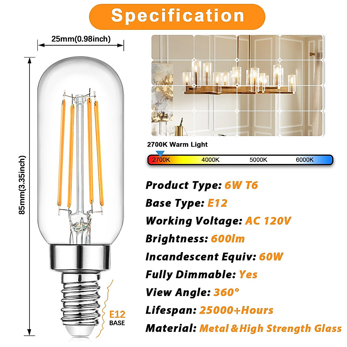 E12 Edison LED Light Bulbs 40 Watt Equivalent Candelabra, Dimmable 2700K Warm White T6 Clear LED Bulbs 4W 400lm Vintage T25 for Chandelier Ceiling Fan, Tubular Small Filament Bulbs, 6 Packs