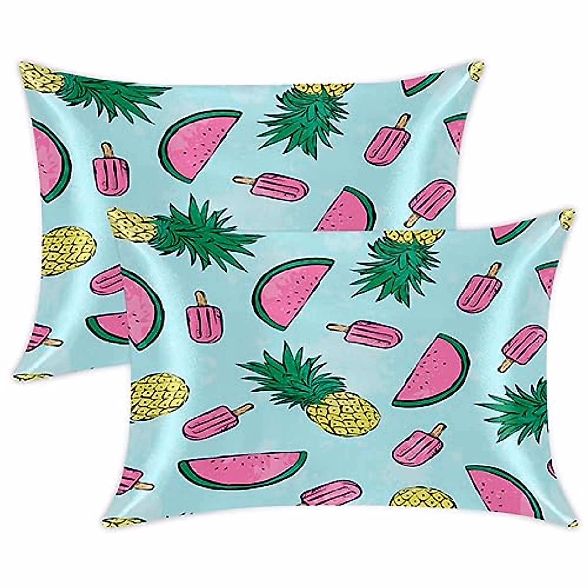 Pineapple Watermelon Popsicle Satin Pillow Cases Silk Satin Pillowcase for Hair and Skin Standard Set of 2 Super Soft Silk Pillowcase with Envelope Closure (20x26 in)
