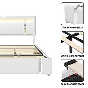 Queen Bed Frame with RGB LED Lights Headboard & 2 Storage Drawers, Modern Upholstered Faux Leather Smart Platform Bed with Iron Metal Decor, USB & USB-C Charging Ports, No Box Spring Needed, White