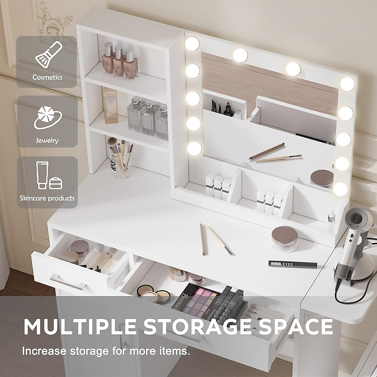 FITSCROPR Vanity Desk with Drawers & Mirror with Lights, with Drawers & Cabinet 3 Shelves Lots Storage for Stylish Bedroom,White