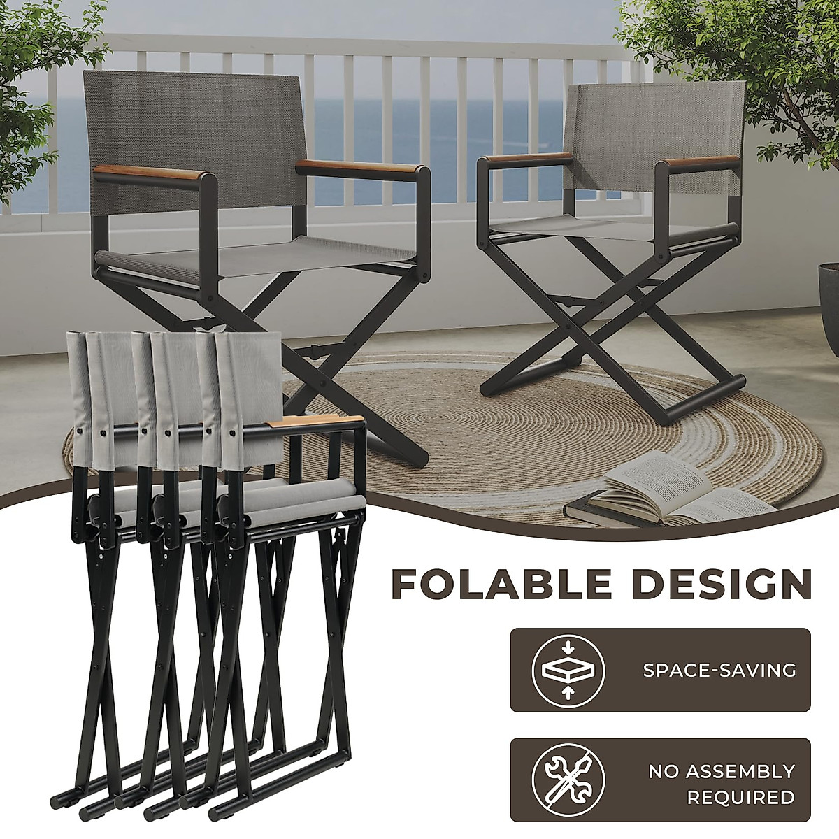 Grand patio 7-Piece Outdoor Dining Set, 6 Extra-Wide Foldable Chairs & 1 Extendable Table, UV-Resistant Mesh Patio Furniture Set, Wood Grain Tabletop for Garden, Yard and Terrace, Black