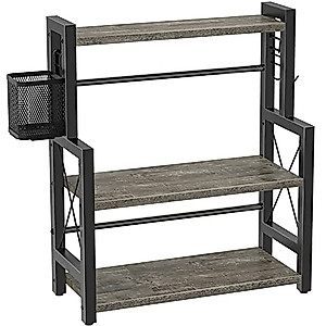 Rolanstar Spice Rack Organizer with Wire Basket, 3-Tier Kitchen Shelf, Wooden Spice Organizer with 2 Hooks, Countertop Bathroom Storage Shelf, Seasoning Rack, Grey