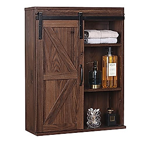 RUSTOWN Farmhouse Wood Wall Storage Bathroom Cabinet with Sliding Barn Door, Rustic Medicine Cabinet with Adjustable Shelf, 3-Tier Vintage Cabinet for Kitchen Dining, Bathroom, Living Room (Walnut)
