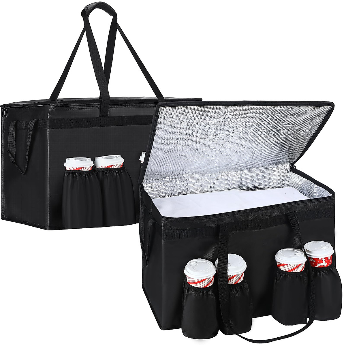 FillTouch 2 Pcs Extra Large Insulated Food Delivery Bag with Cup Holders 23 x 15 x 14 Inch Pizza Delivery Bags Insulated with Zippered for Beverages Grocery Pizza, Commercial Quality Hot and Cold