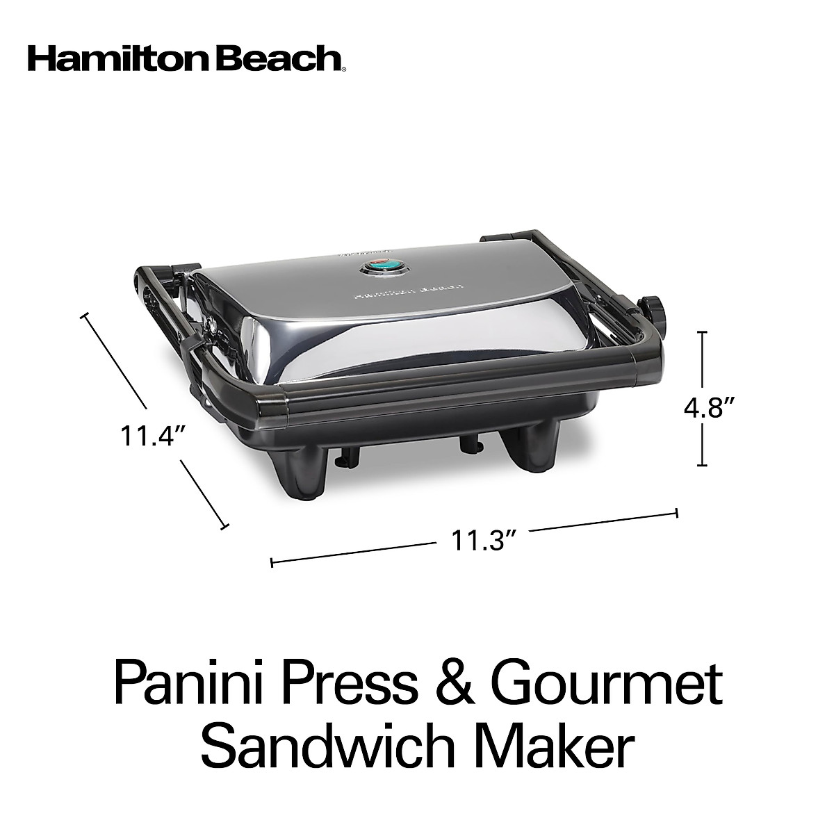 Hamilton Beach Electric Panini Press Grill with Locking Lid, Opens 180 Degrees for any Sandwich Thickness (25460A) Nonstick 8" X 10" Grids Chrome Finish, Medium