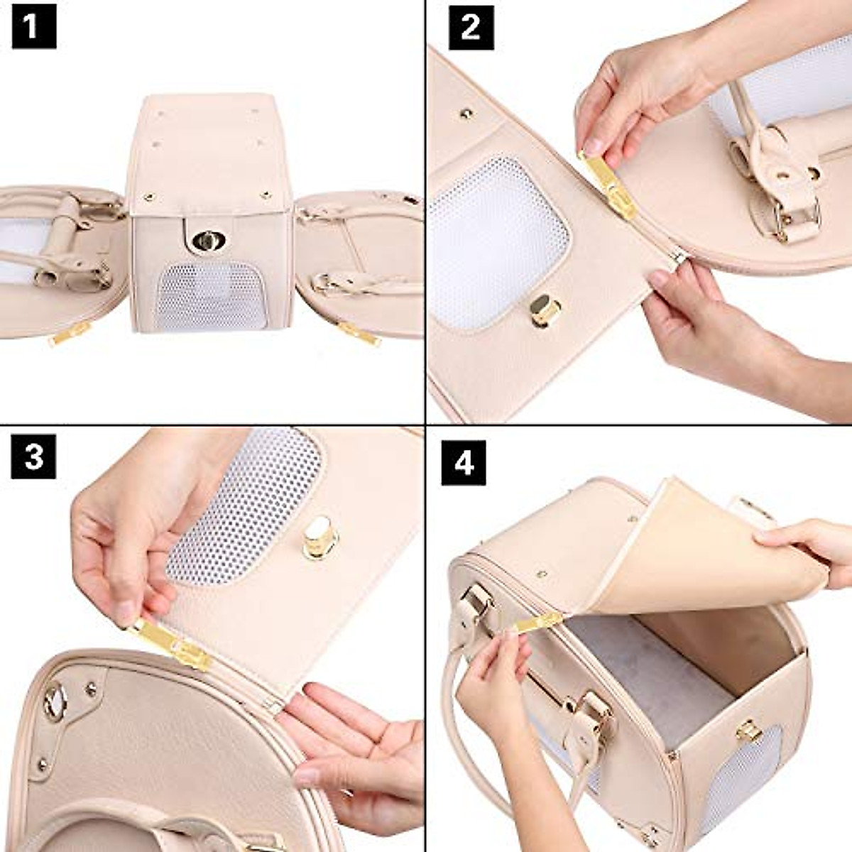 PetsHome Dog Carrier Purse, Pet Carrier, Cat Carrier, Foldable Waterproof Premium Leather Pet Travel Portable Bag Carrier for Cat and Small Dog Home & Outdoor Beige