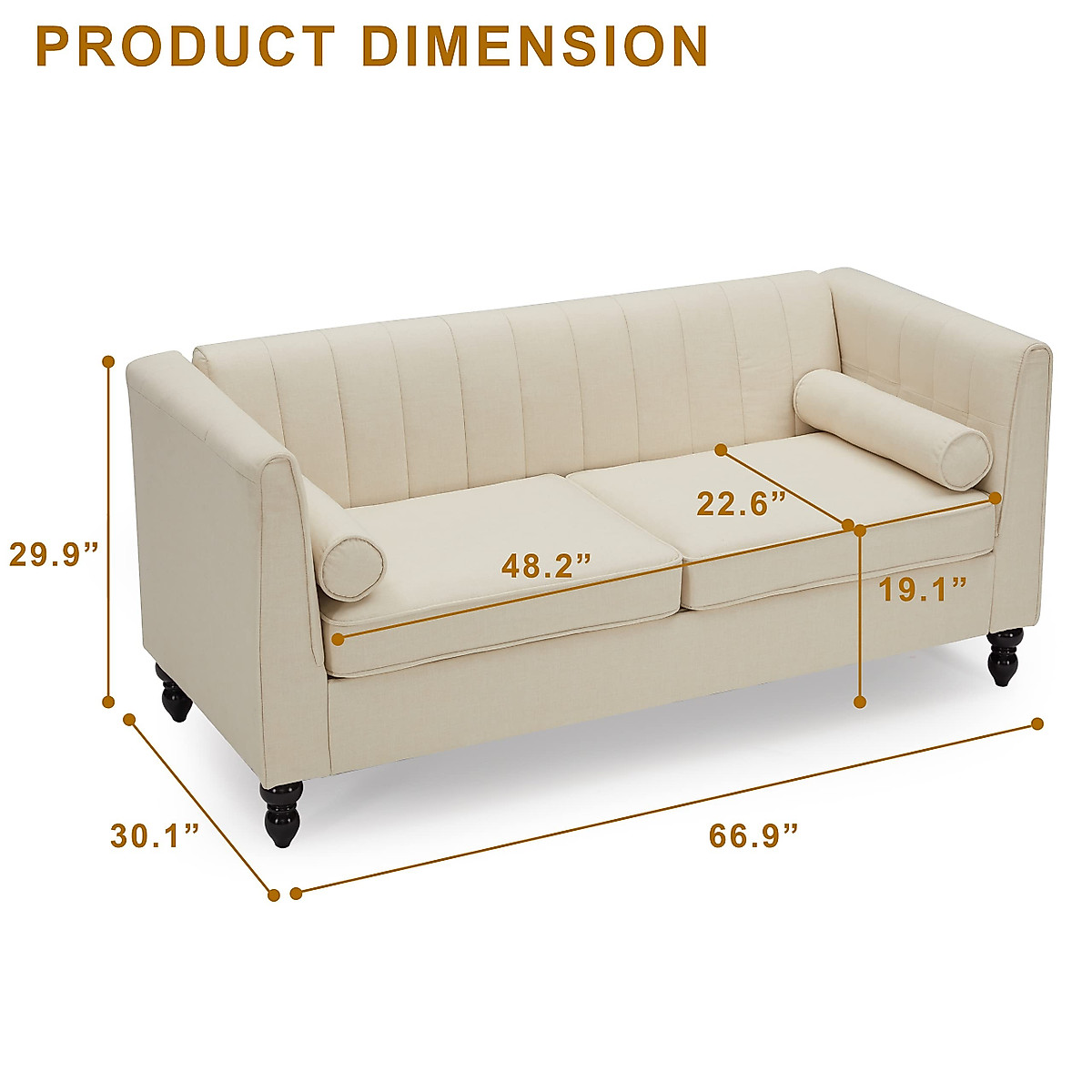 Kingfun 67" Modern Sofa for Living Room, Comfy Loveseat Linen Fabric with 2 Bolster Pillows, Mid Century Modern Couch Small Love Seat for Bedroom with Solid Wooden Frame and Padded Cushion, Beige