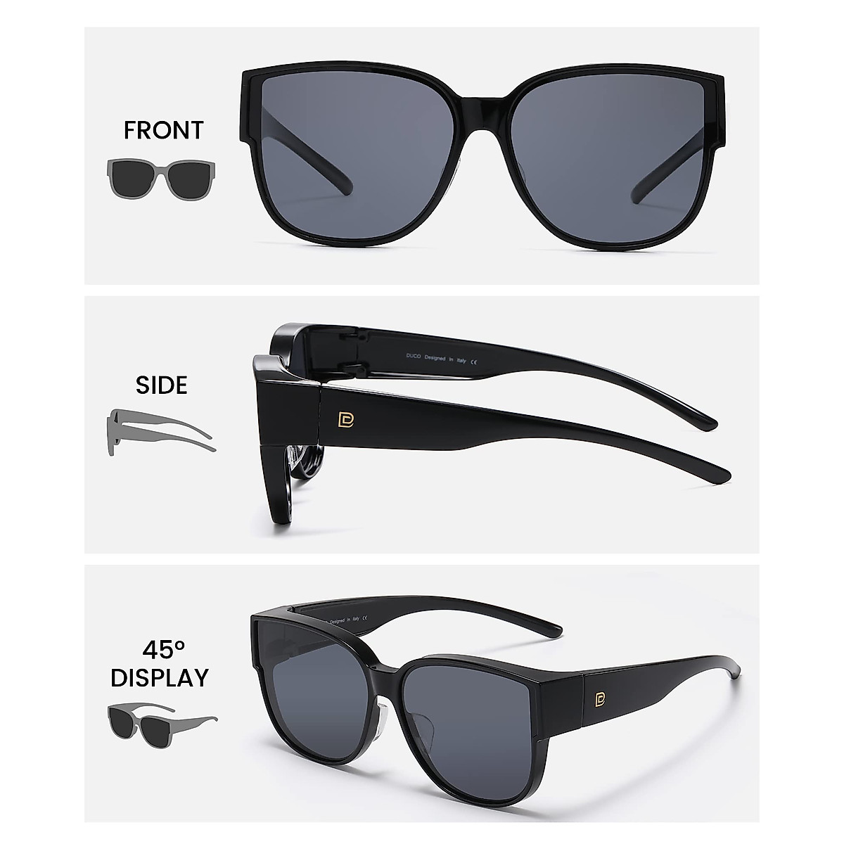 DUCO Fit Over Sunglasses for Men Women Wear Over Glasses Retro Wrap Around Polarized Sun Glasses UV400 Protection (A-Black Frame Grey Lens)