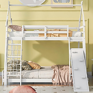 Harper & Bright Designs Twin Over Queen Bunk Bed with Climbing Nets and Climbing Ramp,Wooden Playhouse Bunk Beds for Kids,Girls & Boys,No Box Spring Needed, White