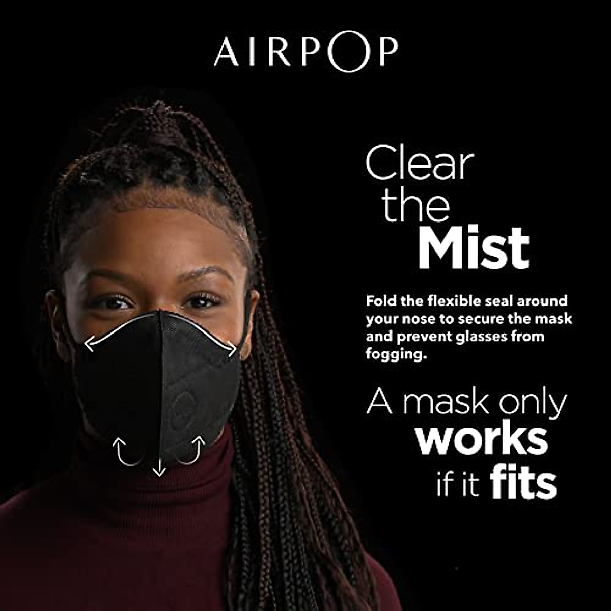 AIRPOP KN95 Face Masks Pocket 4 Pack, Reusable Washable Face Coverings, Contoured Fit, Lightweight Design, Adults/Kids Face Masks for Repeated Wear - Black