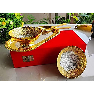 Handmade Designer Silver and Golden Color 1 Tray 2 Round Shaped Bowl Set And 2 Spoon Dry Fruit Bowl Set Diwali Christmas Festival Gifts