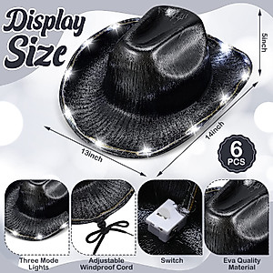 Janmercy 6 Pack Led Cowboy Hats Light Up Glitter Space Cowgirl Hat with 6 Heart Sunglasses for Women Girls and Men (Black)